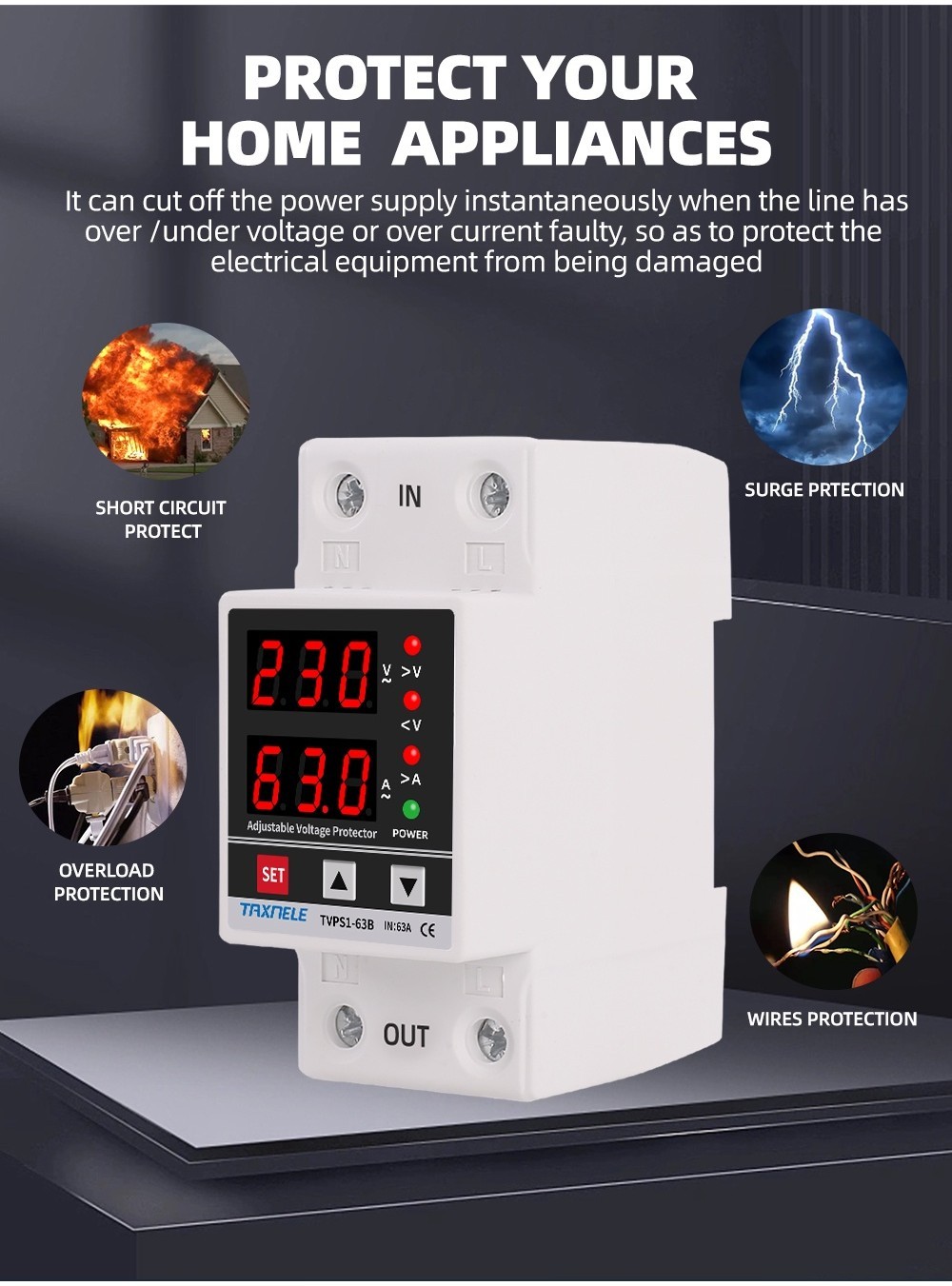 TAXNELE 220V 63A 40A 80A Adjustable Voltage Relay Over Under Voltage ...