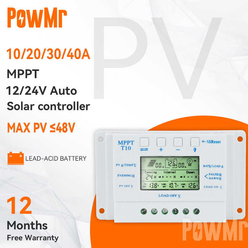 2025 PowMr MPPT solar charge controller 0 fault 10A 20A 30A 40A 12V/24V car battery charger LCD ...