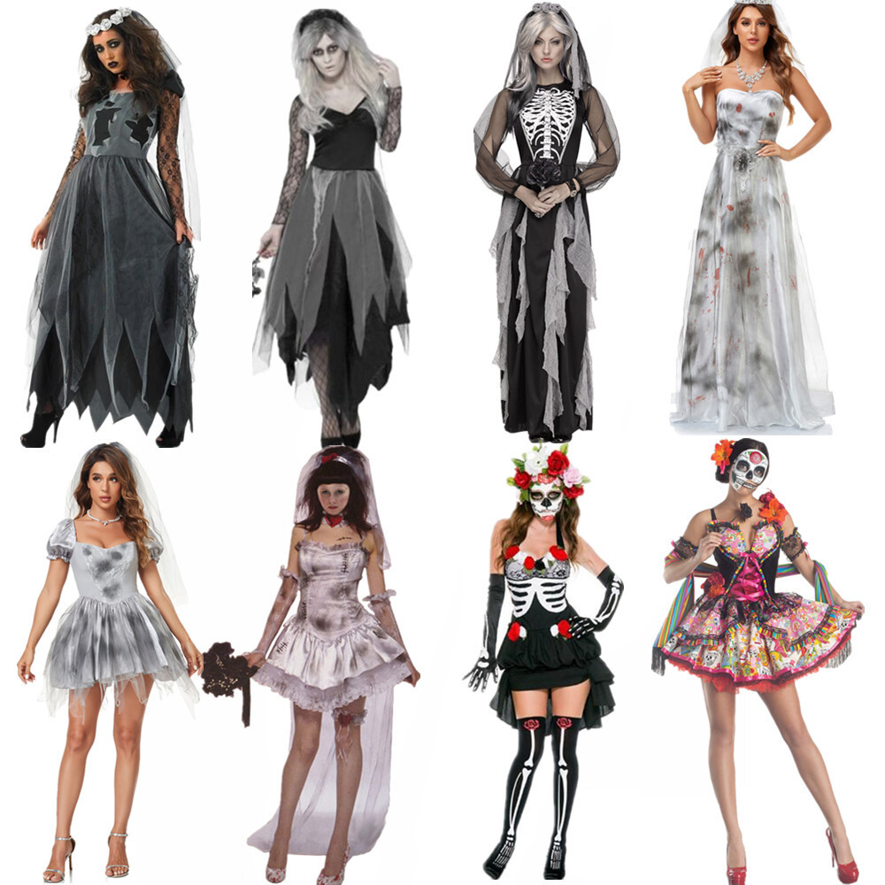 § Multiple Adult Scary Skull Ghosts Bride Costume Women Zombie Vampire ...
