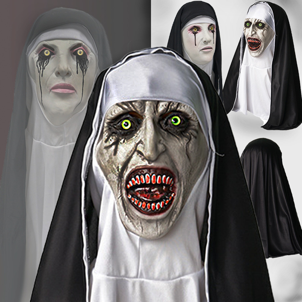 ♀ Horror Nun Mask Headscarf Cosplay Scary Ghost Face Carnival Party ...