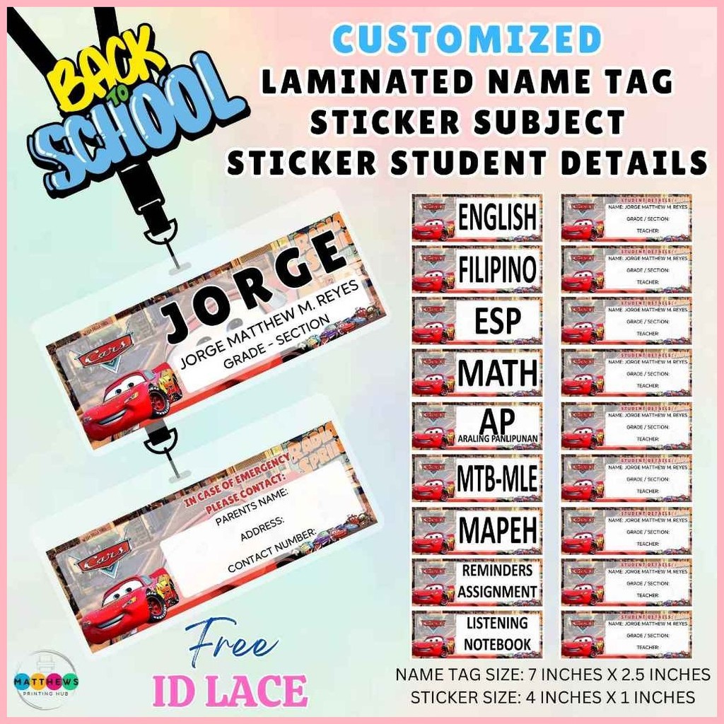 ♣ LAMINATED NAME TAG SET WITH FREE ID LACE, SUBJECT STICKERS AND ...