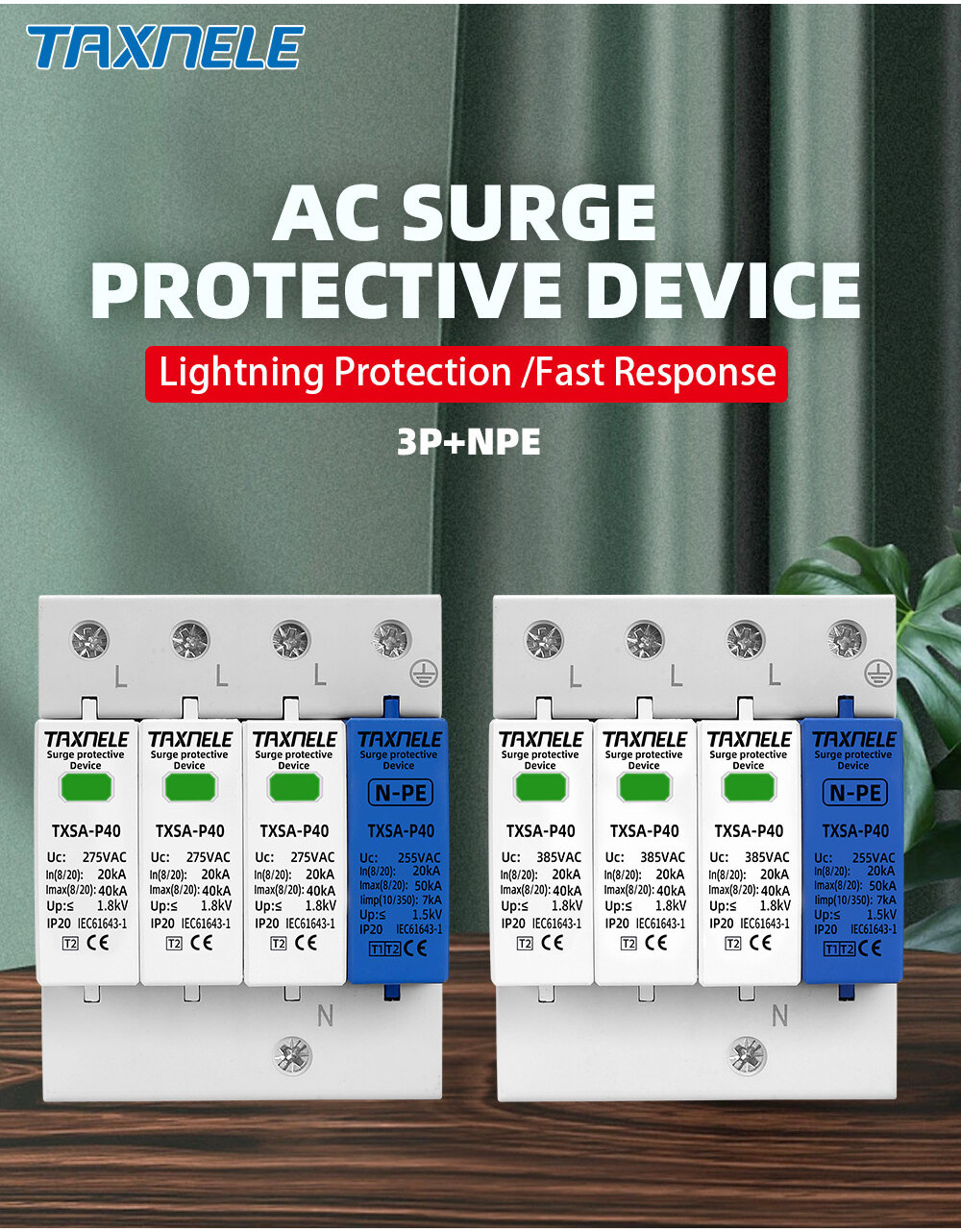 AC SPD 3P+NPE 40KA385V 275V House Surge Protector Protective Low ...