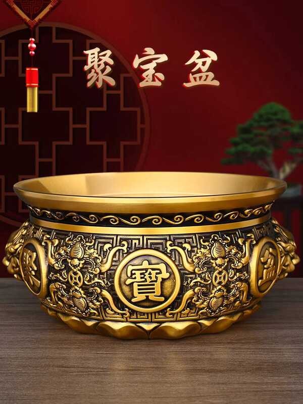 5E Pure Brass 3 Double Lion Treasure Bowl Ornament Home Living Room ...