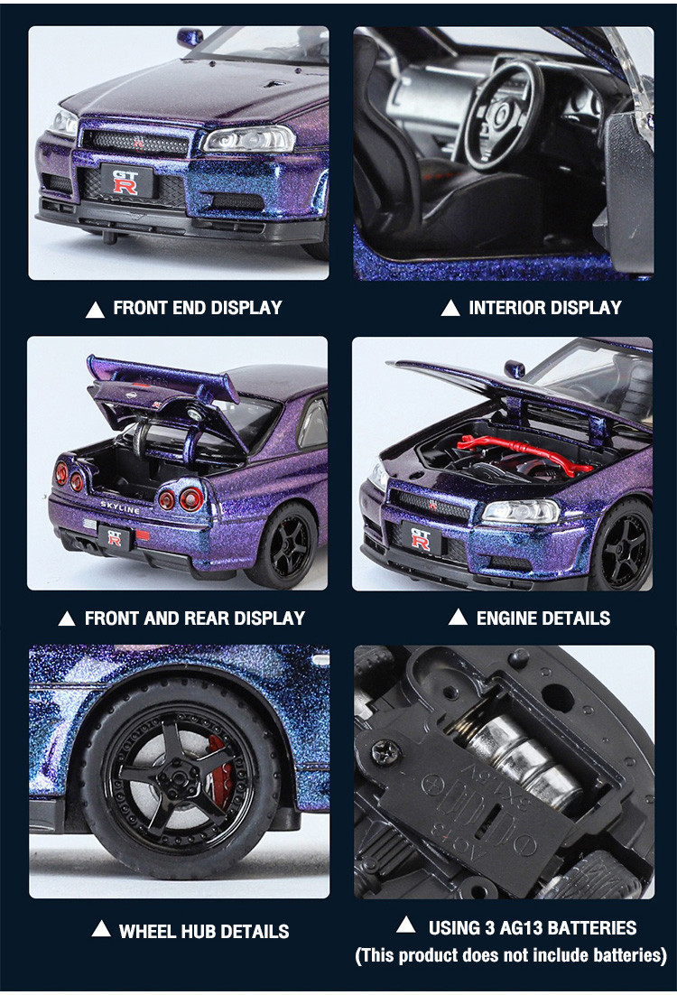 KLT 1:32 NISSAN GTR R34 Metal Alloy Toys Car Model Diecast Vehicle For ...