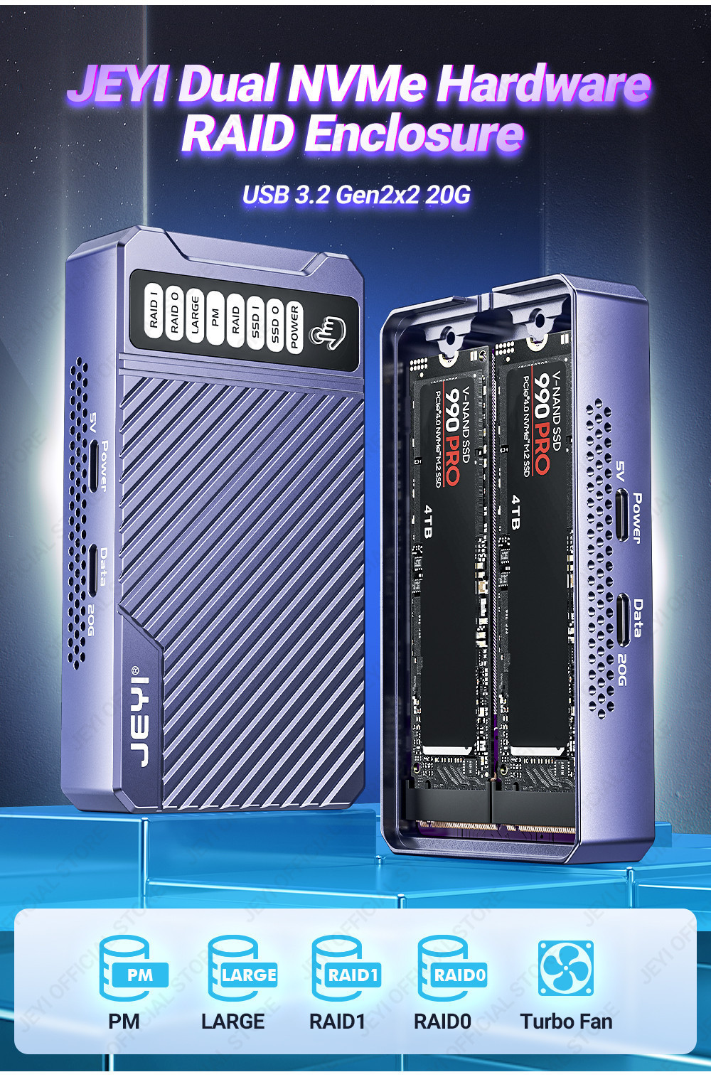 JEYI Dual Nvme Enclosure, 2-Bay Hardware RAID Enclosure, 20Gbps ...