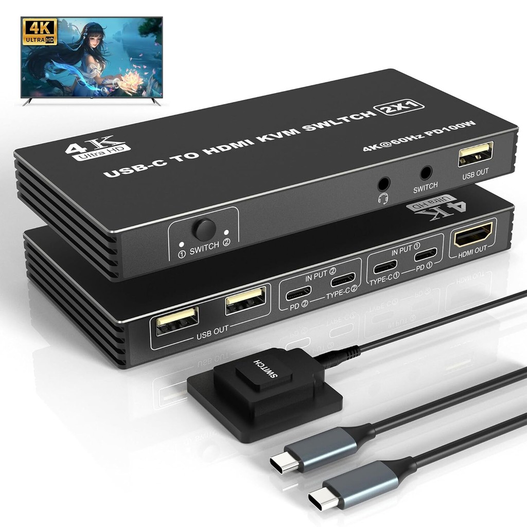 USB C KVM Switch 2x1 4K Type C HDMI KVM Switch 2 in 1 out Support PD ...