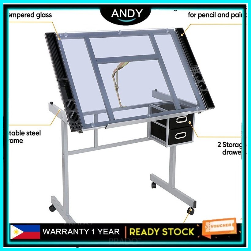 Drafting glass table drafting table with extra side table drawers and 2 ...