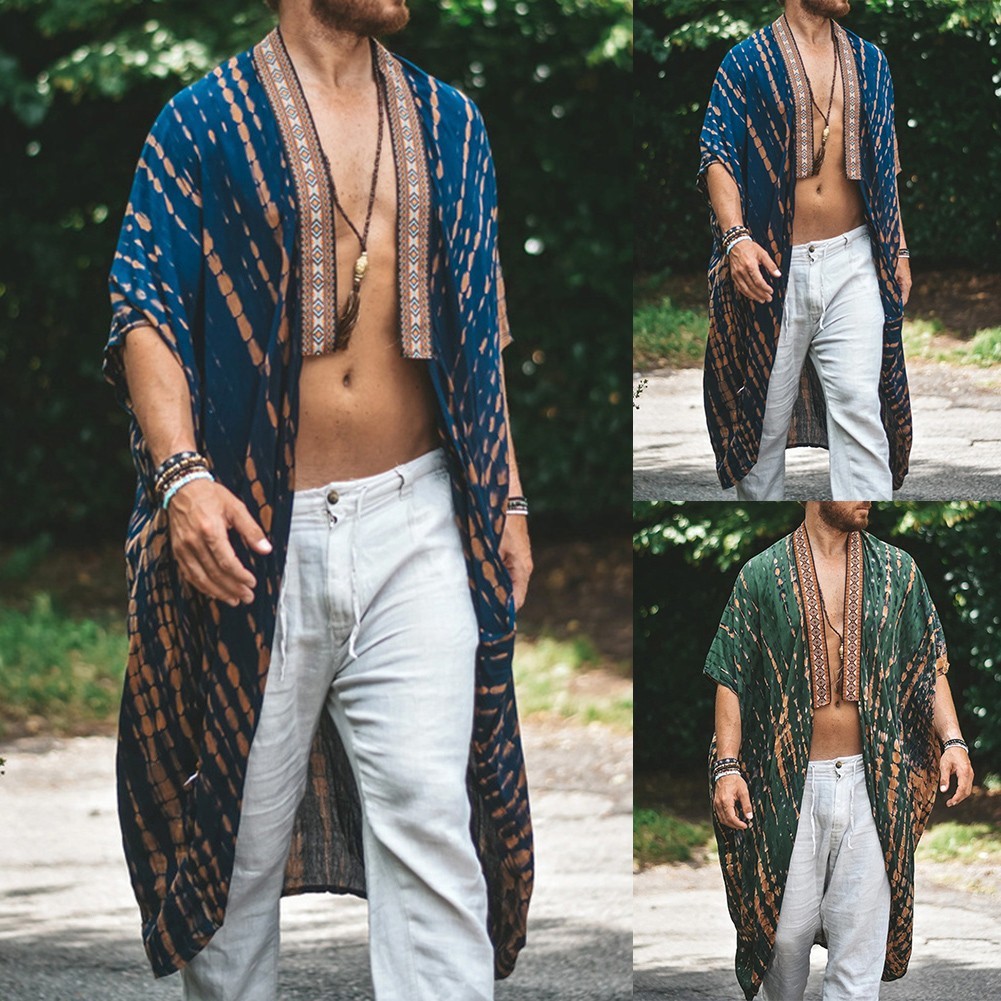 [GTH] Mens Holiday Beach Long Shawl Print Half Sleeve Cloak Top Retro ...
