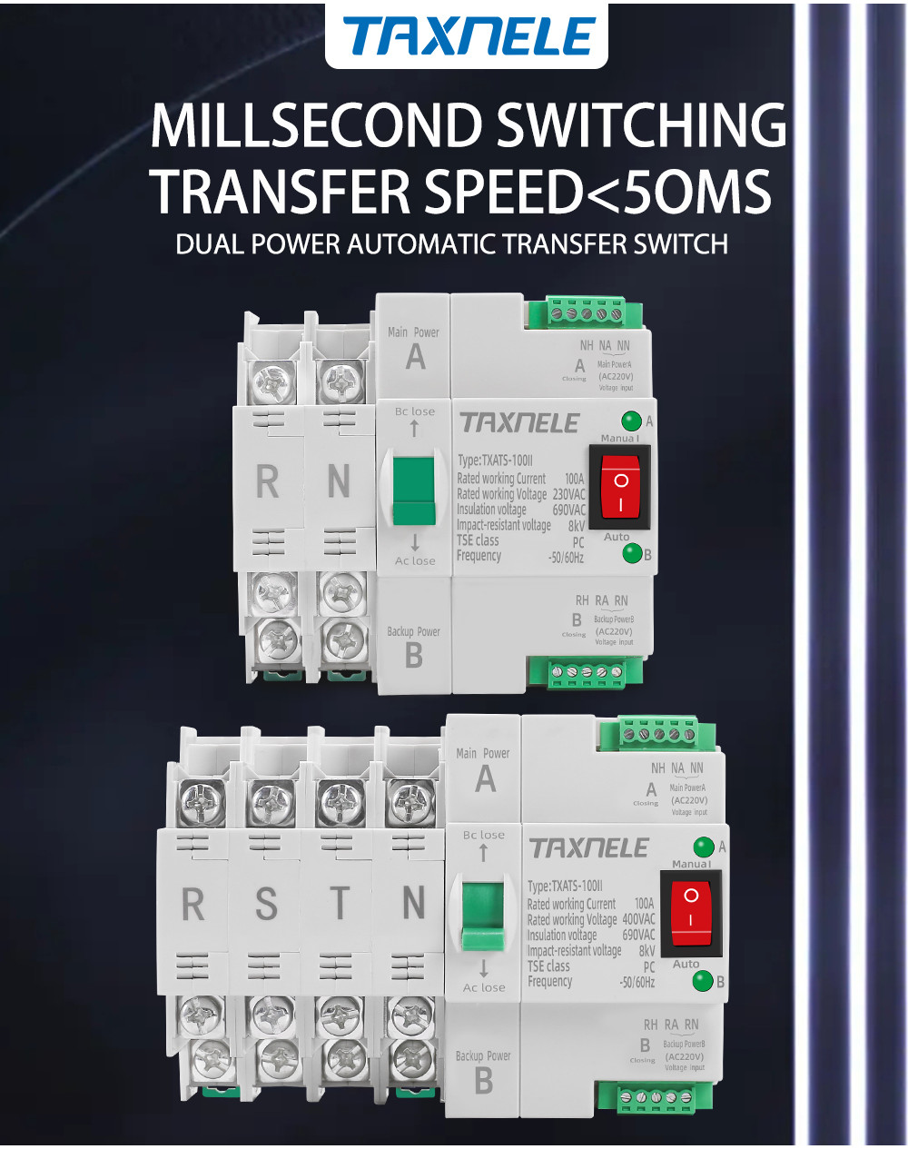 TAXNELE MCB type Dual Power Automatic transfer switch 100A ATS Circuit ...