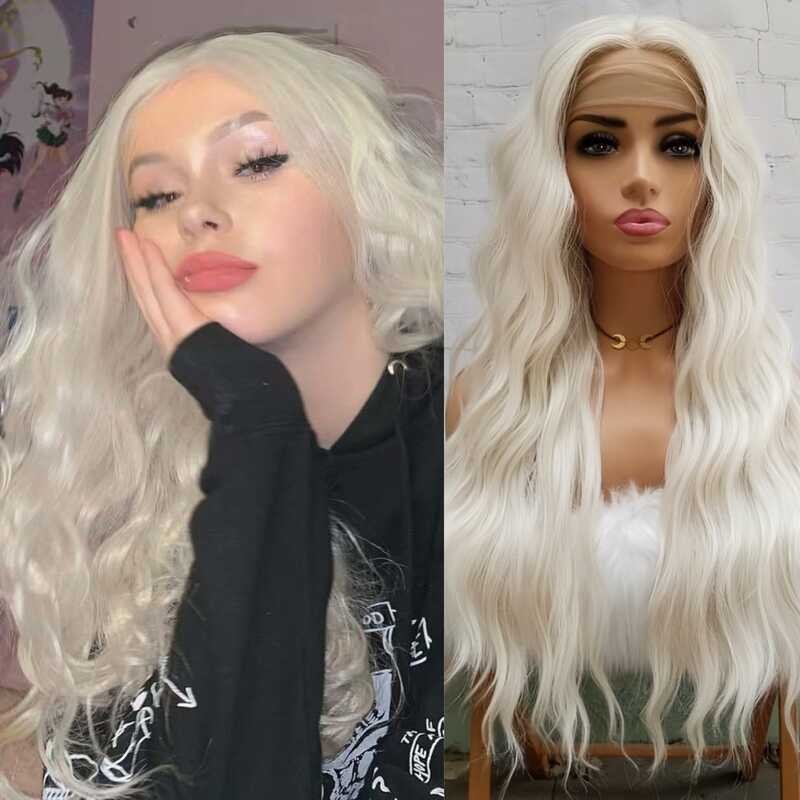Blonde Platinum Long Wavy Curly Synthetic Hair Lace Front Wig Kulay ...