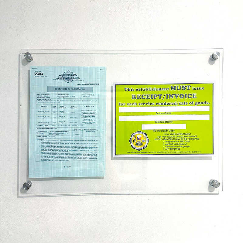 Business Certificate of Registration BIR/DTI Permit Acrylic Insert ...