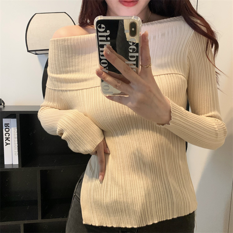 Spice Girl Off Shoulder Long Sleeve Knitted Undercoat Women's Black Sexy Irregular Slim Short ...