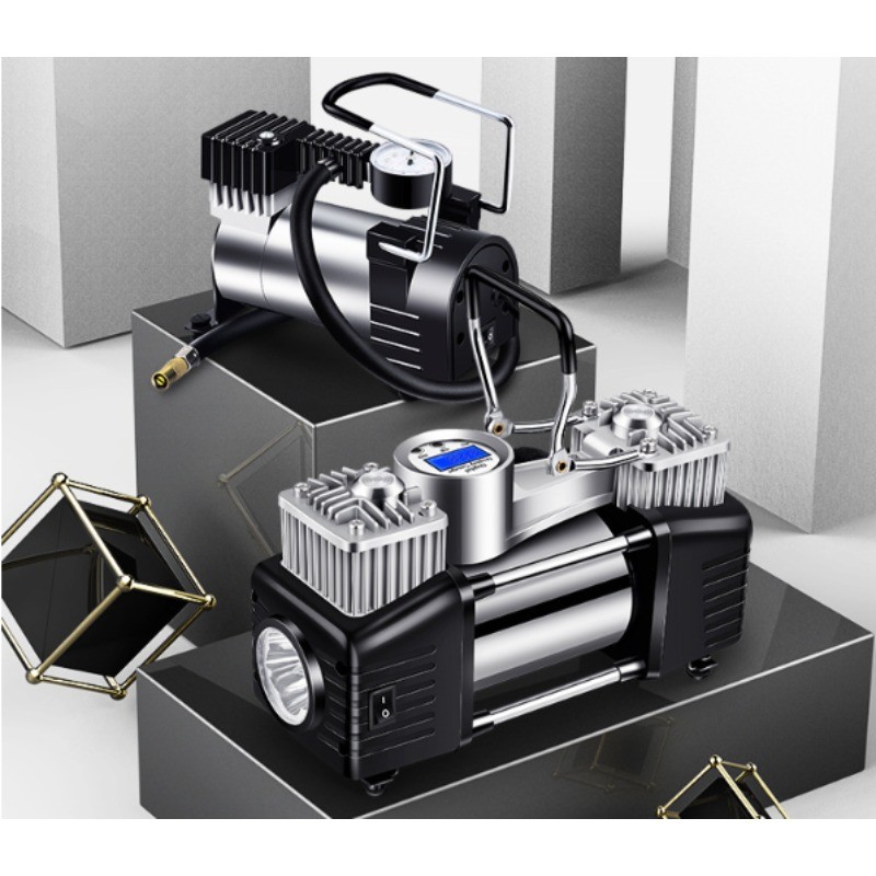 12V Mini Air Compressor Dual Cylinder Heavy Duty Tire Inflator with LED Light Car Electric Air ...