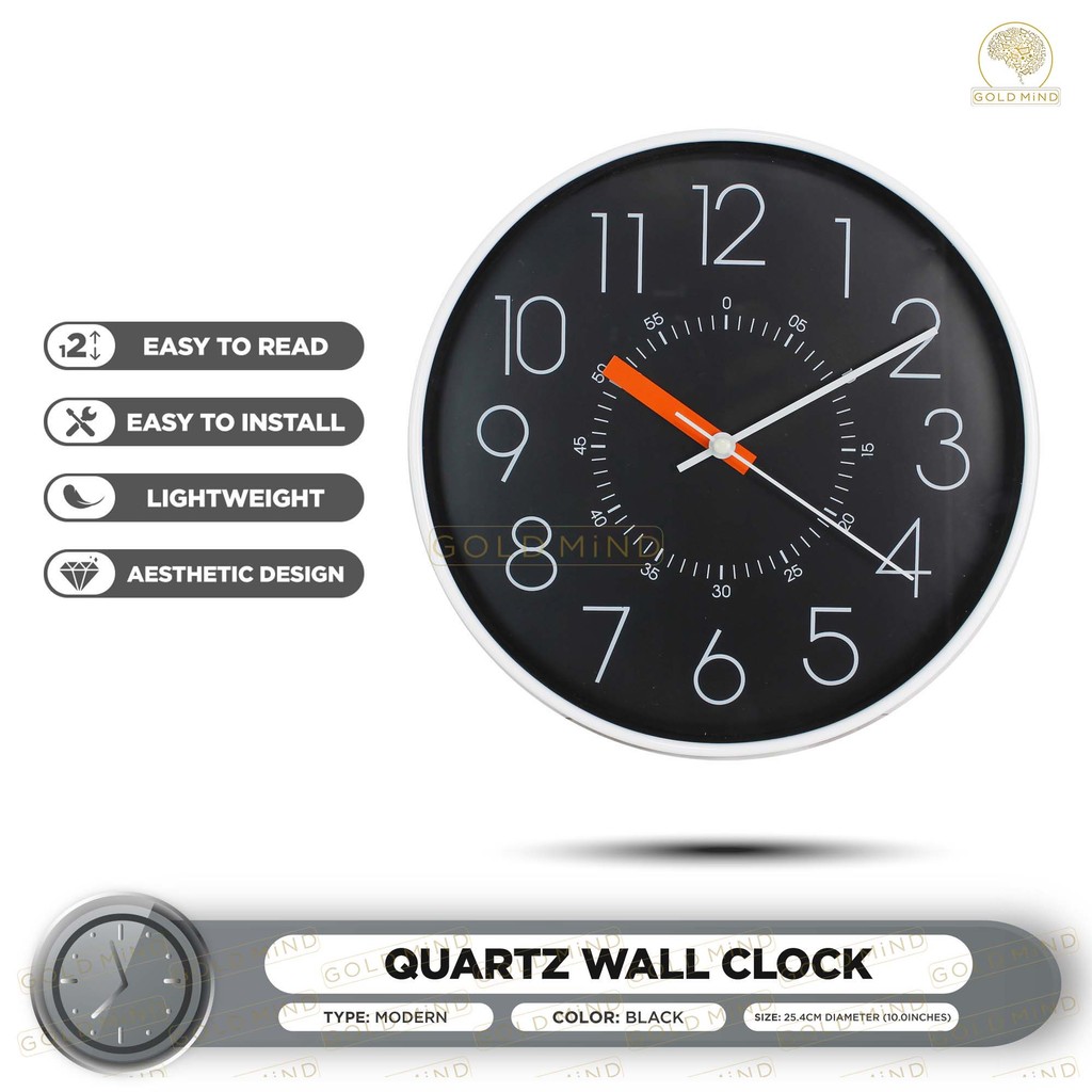 Quartz Wall Clock Orange Hour Hand 25.4cm Or 10" White Background/White ...
