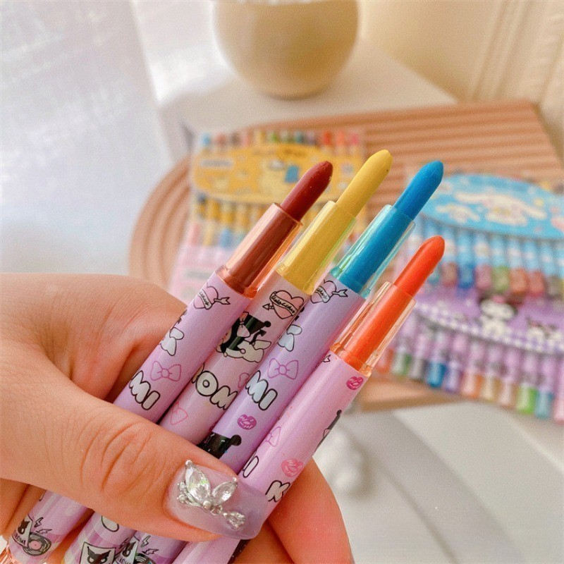 12 Colors Sanrio Kuromi My Melody Cinnamoroll Rotating Crayon Erasable ...