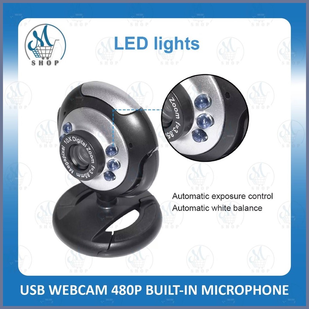Webcam USB 2.0 Web Camera with 6 Led Light Clip-On Webcam Camera Laptop ...