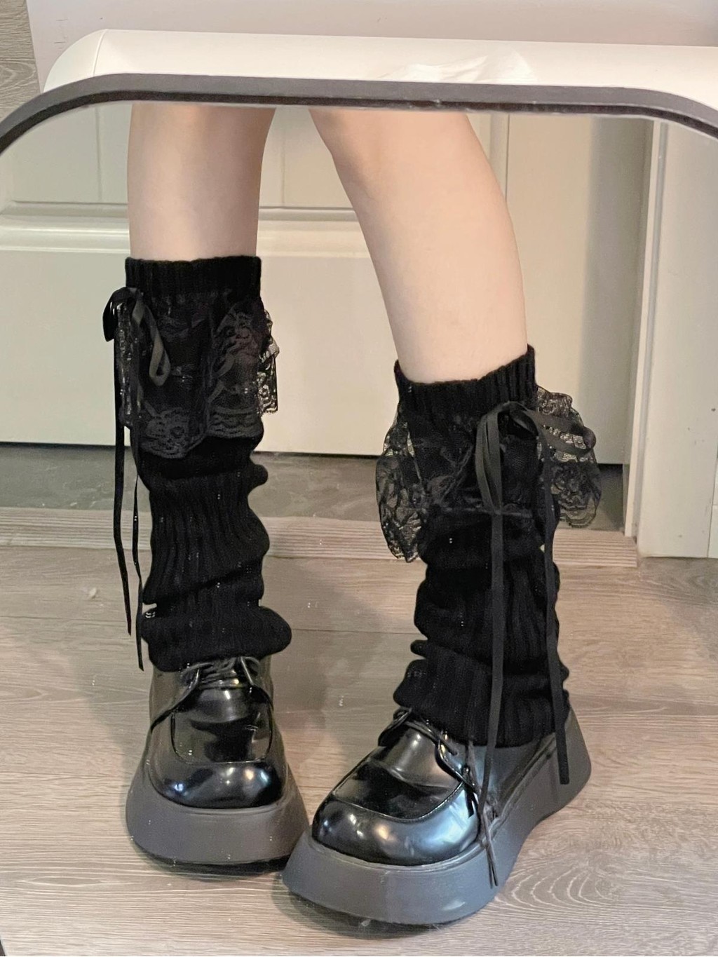 Japanese JK Lolita Girls Bow Streamer Leg Socks Knitted Lace Leg Cover ...