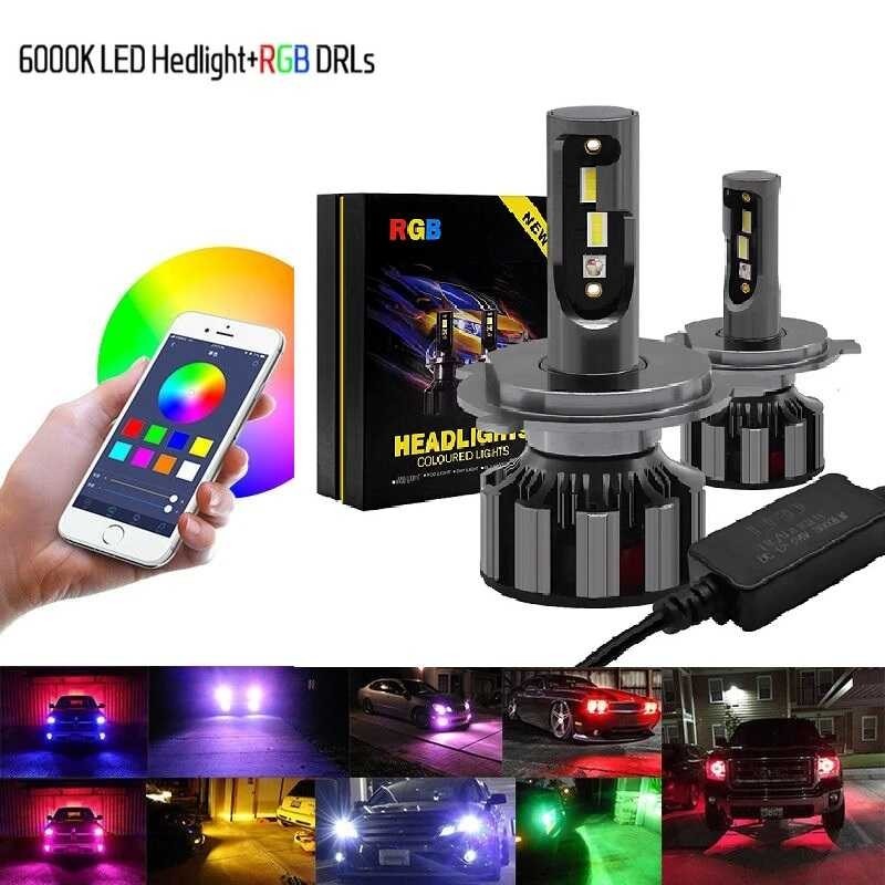 Pair H7 RGB Headlight H1 APP Bluetooth-Compatible Control D1s H4 H8 H11 ...