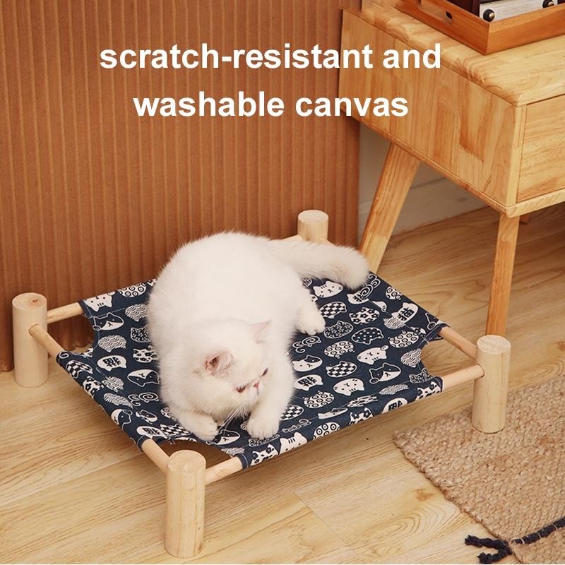 PETWELL Wooden Elevated Pet Bed Cat Hammock With Stand Dog Bed Washable ...