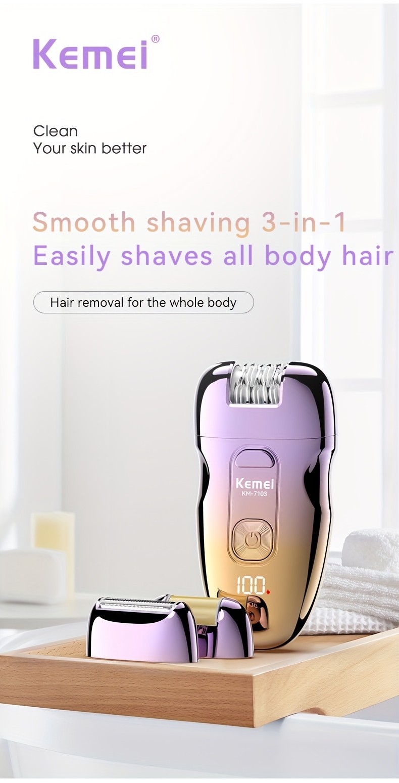 KEMEI 3-in-1 Electric Epilator Facial Cleaning Cordless Rechargeable ...