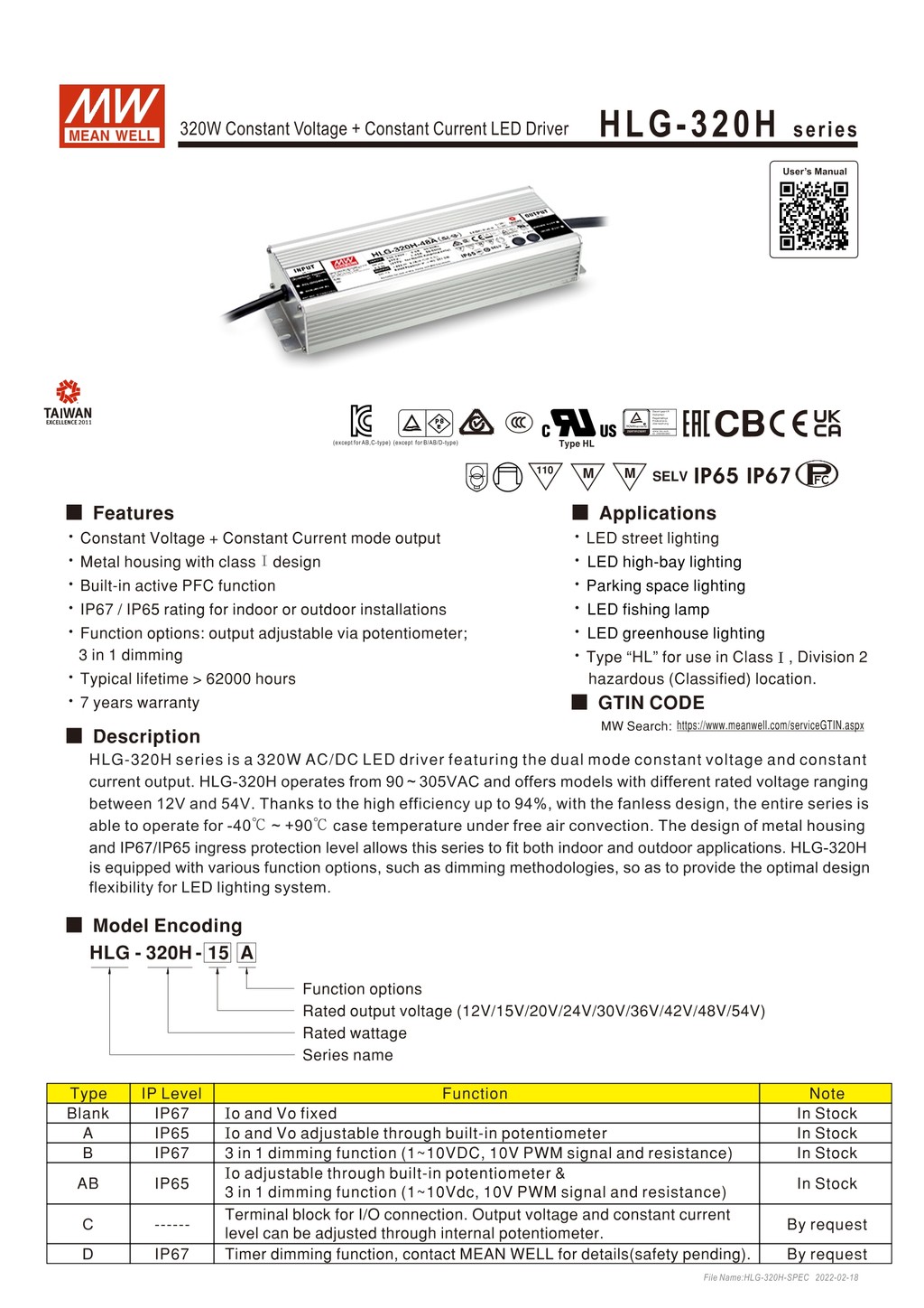 MEAN WELL HLG-320H Series DC12V 24V 36V 48V 42V 54V 320W Rain-proof Single Output Adjustable LED ...