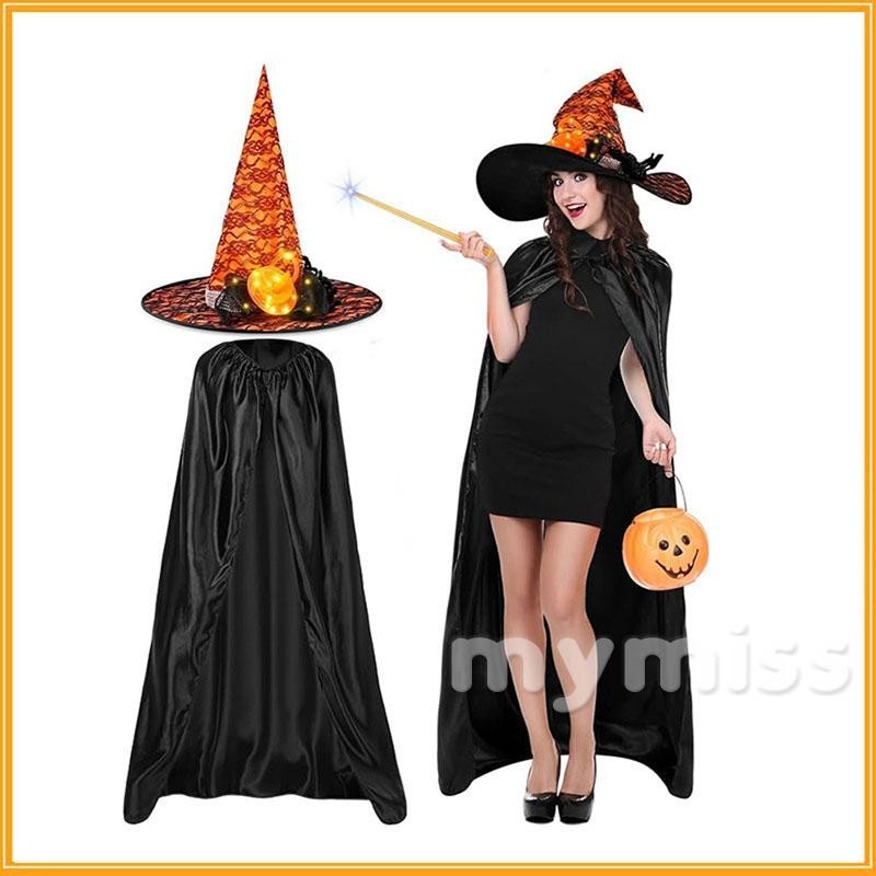 Mymiss1-2Pcs Women Witch Costume Set Cloak Lighted Lace Flower Hat ...