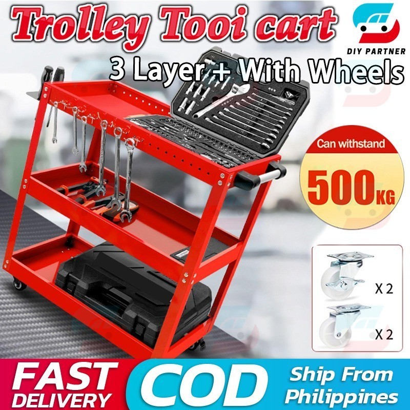 3 Layer Trolley Tool Cart with Screwdriver Slot 3-Tier Storage Rack ...
