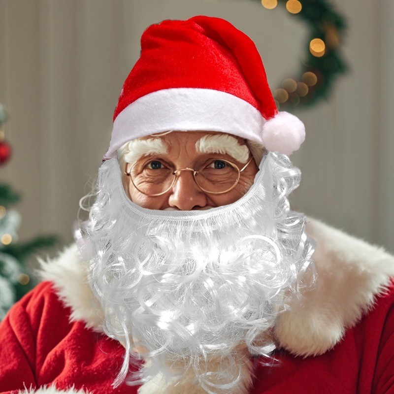 [ Featured ] Christmas Wig Beard Hat - Realistic Curly White Beard ...