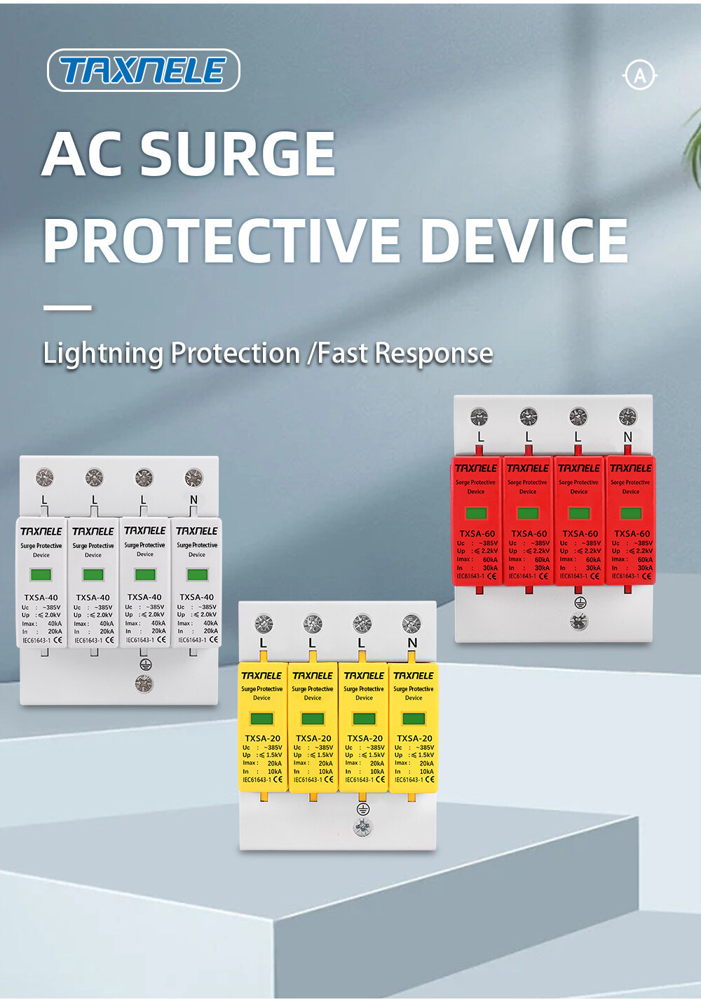 AC SPD 4P 275V 385V 420V 40KA 60KA House Lightning Surge Protector ...