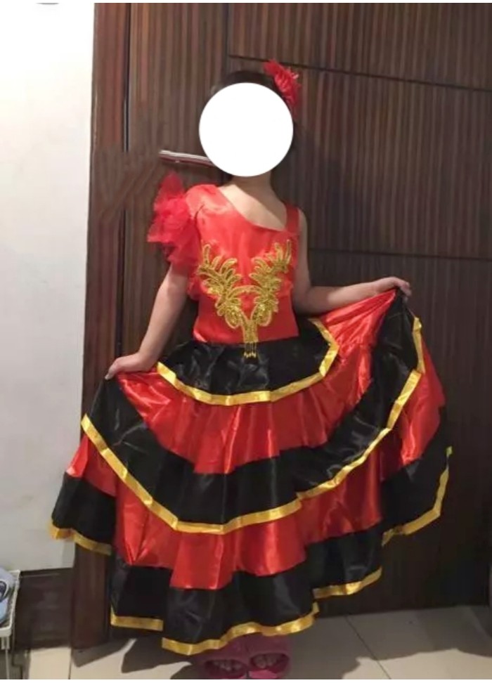 Kids Girls Red Spanish Flamenco Dress Belly Dance Costume Set School ...