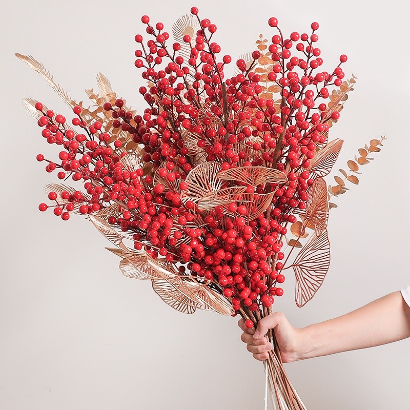 Artificial Red Berry Flowers Bouquet Fake Plant Gold Eucalyptus Xmas ...