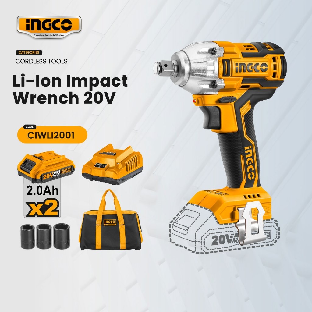 Ingco 20v li-Ion Cordless Impact Wrench Bolt Remover 1/2 Brushless ...