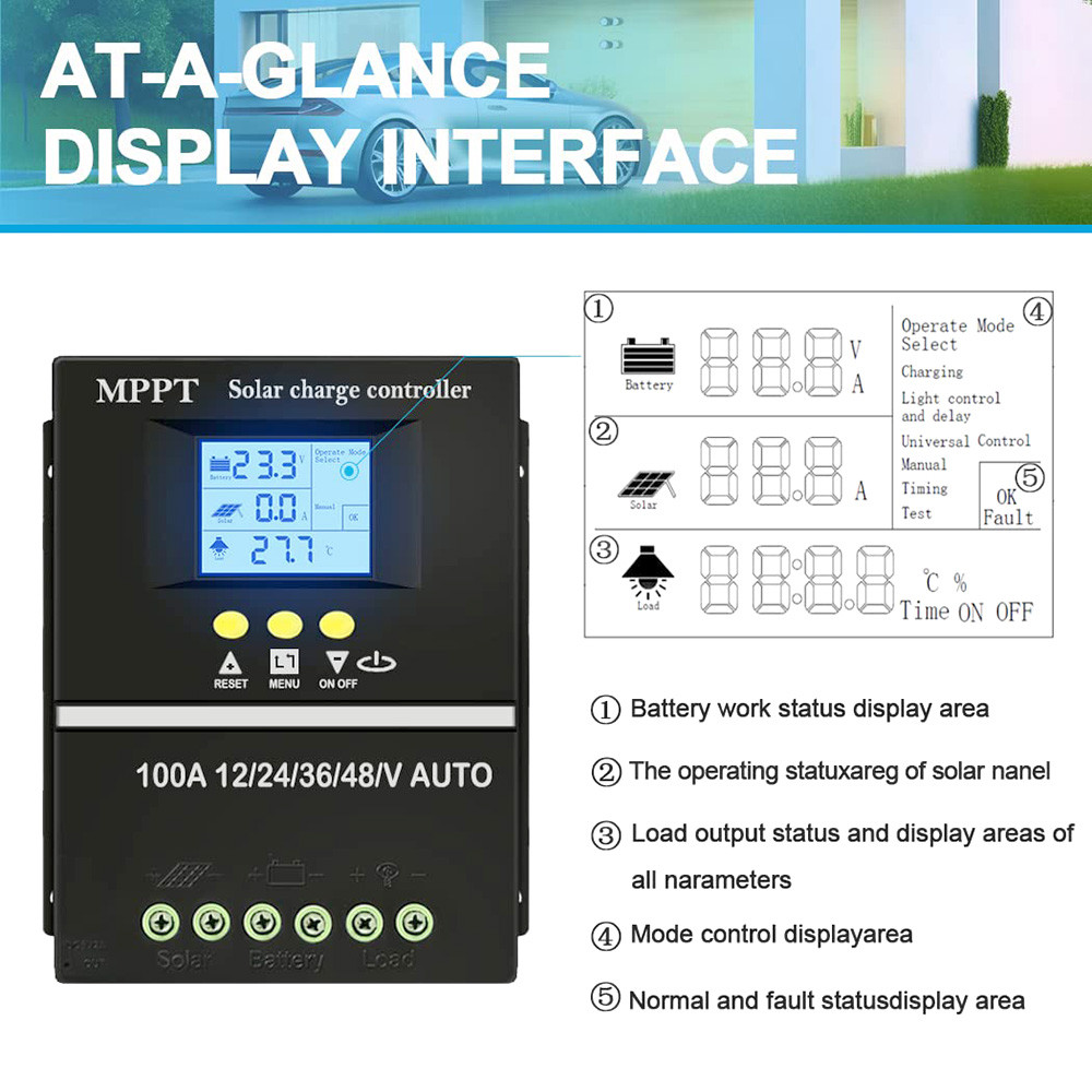 MPPT Solar Controller 30A/ 60A/80A/100A 12V 24V 36V 48V with LCD Screen AUTO Battery Charger ...