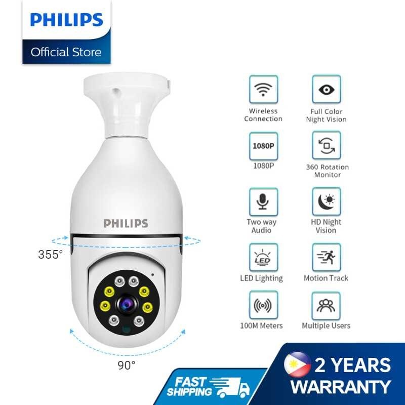 PHILIPS 1080P CCTV Bulb Wireless Indoor Auto Tracking 360° WIFI PTZ IP ...