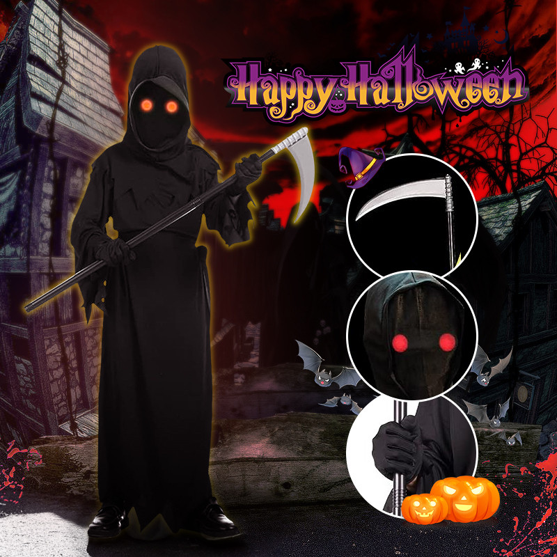 Grim Reaper Costume With Glowing Red Eye For Adult Child Included Death ...