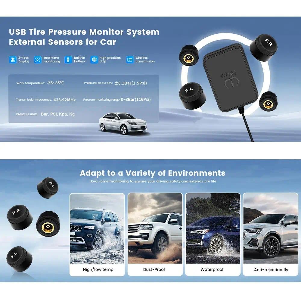 USB Android Car TPMS Wireless Transmission Tire Pressure Monitoring ...