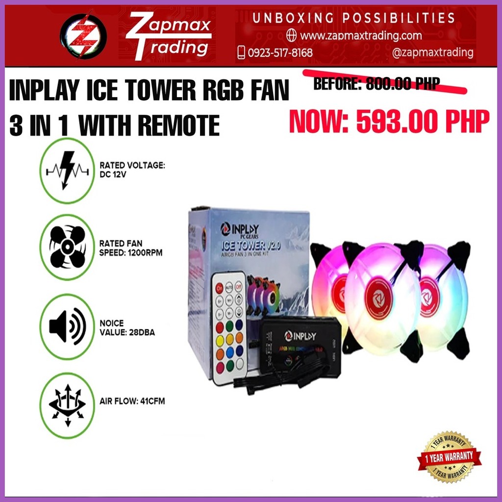 INPLAY ICE TOWER RGB FAN 3 IN ONE KIT | 3PCS 12CM Cooling fan | RGB ...