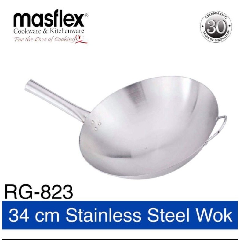 Masflex 34 cm|4 Liters Stainless Steel Traditional Wok with handle ...