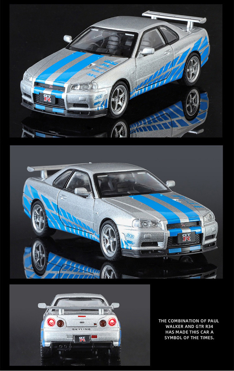 KLT 1:32 NISSAN GTR R34 Metal Alloy Toys Car Model Diecast Vehicle For ...