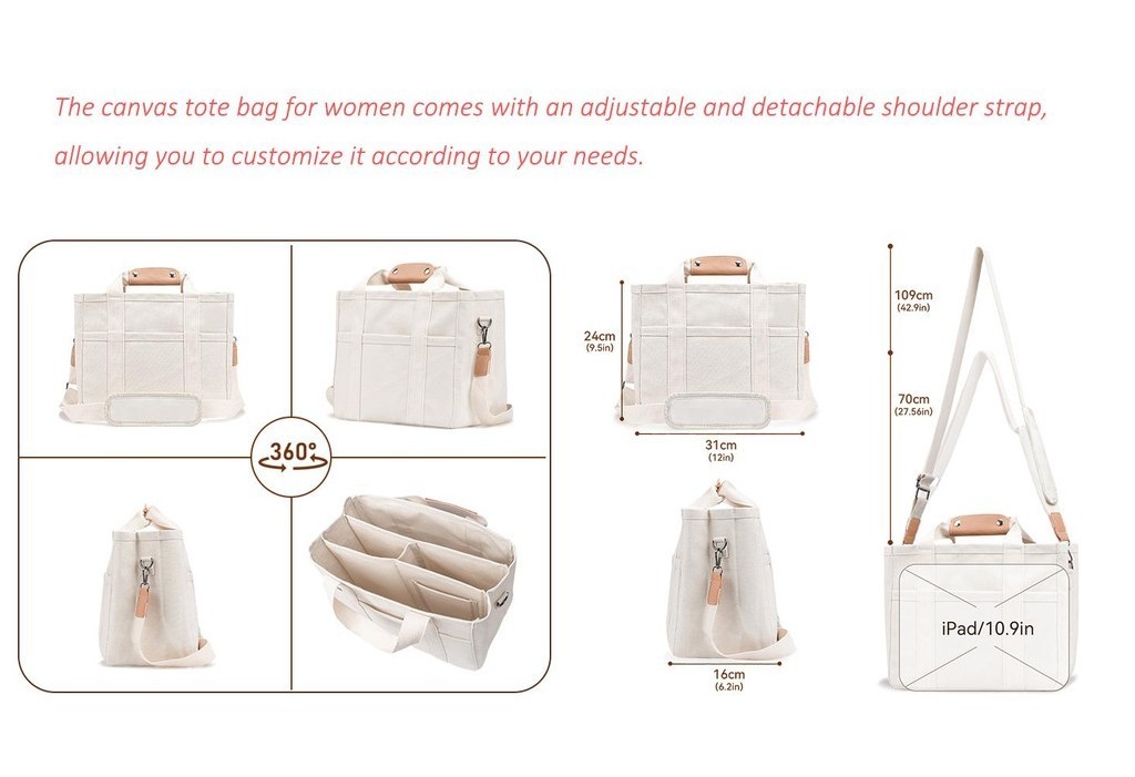 Canvas Tote Bag with Multi-Pocket for Women Large Capacity Crossbody Shoulder Handbag Everything ...