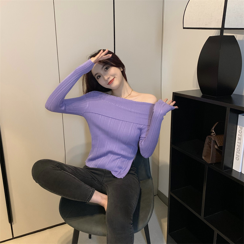 Spice Girl Off Shoulder Long Sleeve Knitted Undercoat Women's Black Sexy Irregular Slim Short ...