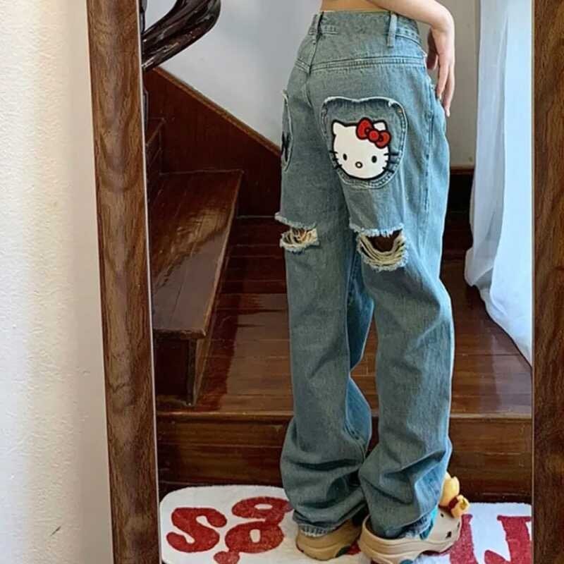 Sanrio Hello Kitty Kababaihan Cartoon Embreoideried Fashion Pants High ...