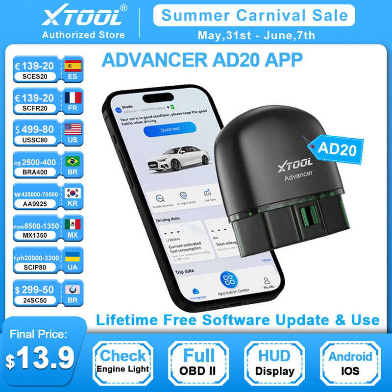 XTOOL Advancer Ad20 OBDII Scanner Code Reader Full Obd Function HUD Display For Engine Upgrade ...