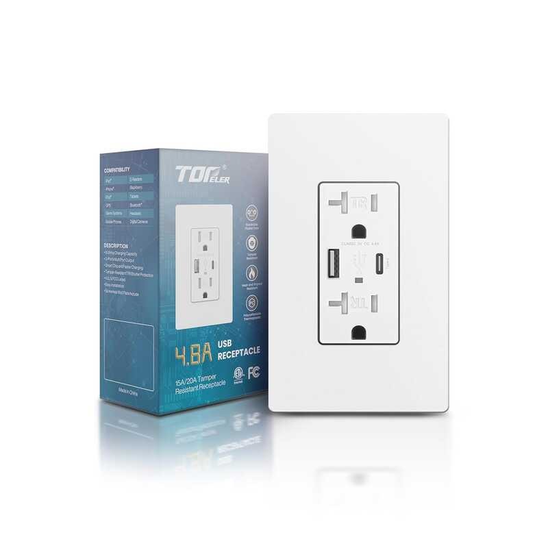 4.8A TOPELER socket, high-speed USB C/A wall charger port, 20 amp ...