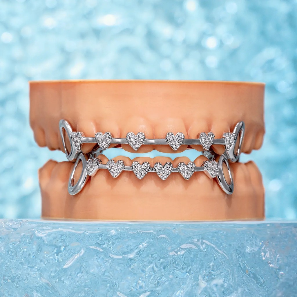 2pcs Hip-hop Jewelry Grillz Heart-shaped CZ Teeth Spliced Hollowed ...