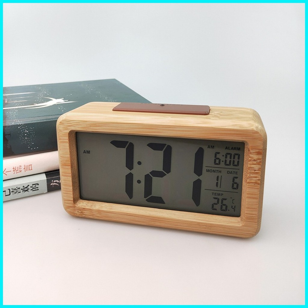 Digital Alarm Clock Wooden Time Display Battery Operated Electronic ...
