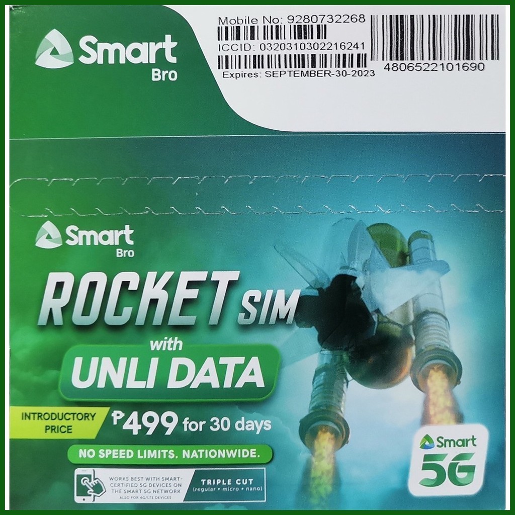 Smart Bro Rocket SIM card 499/699 (old/new) with 30 Day Unli Data 4G/5G No Speed Limit No Dat ...