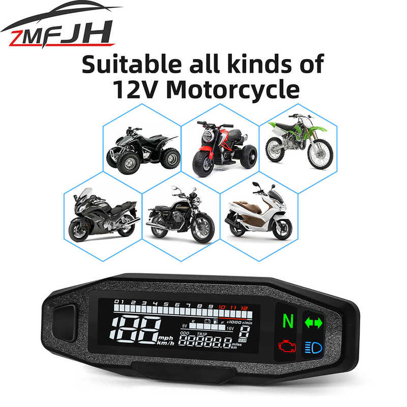 QD Motorcycle Digital Speedometer Speed RPM Mileage Voltage Oil level ...