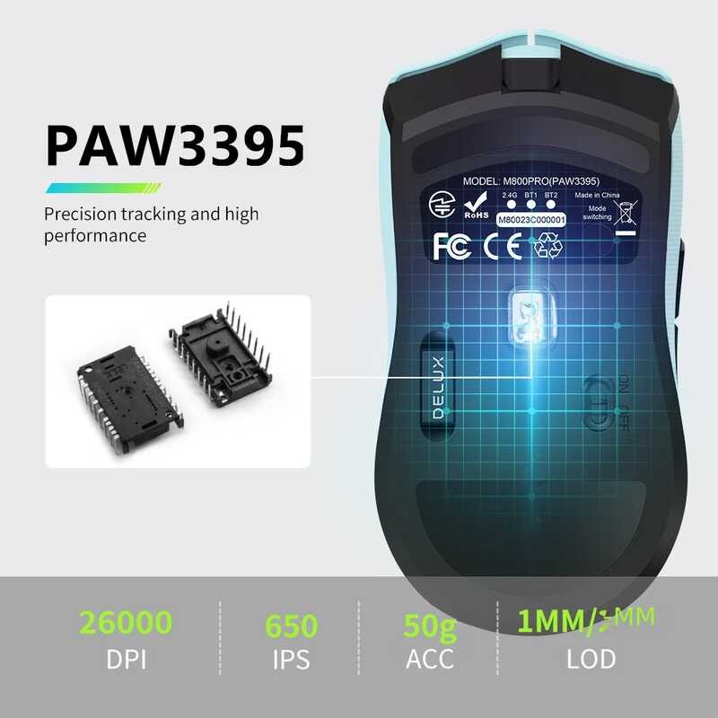 ☀ De M800pro Gaming Mouse Wireless Tri-Mode Connection Paw3395 26000Dpi ...