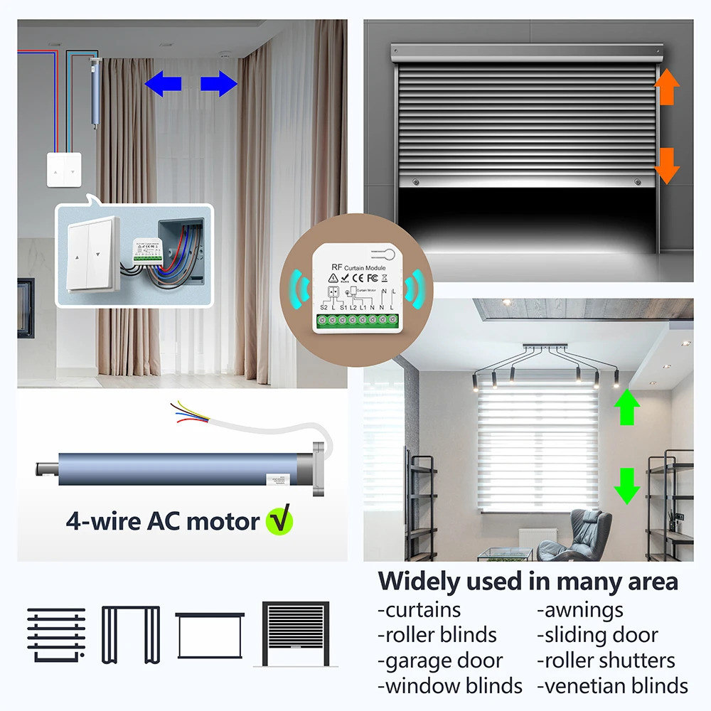 433Mhz Wireless Curtain Switch 110V 220V 16A RF Receiver,60M Remote,For ...